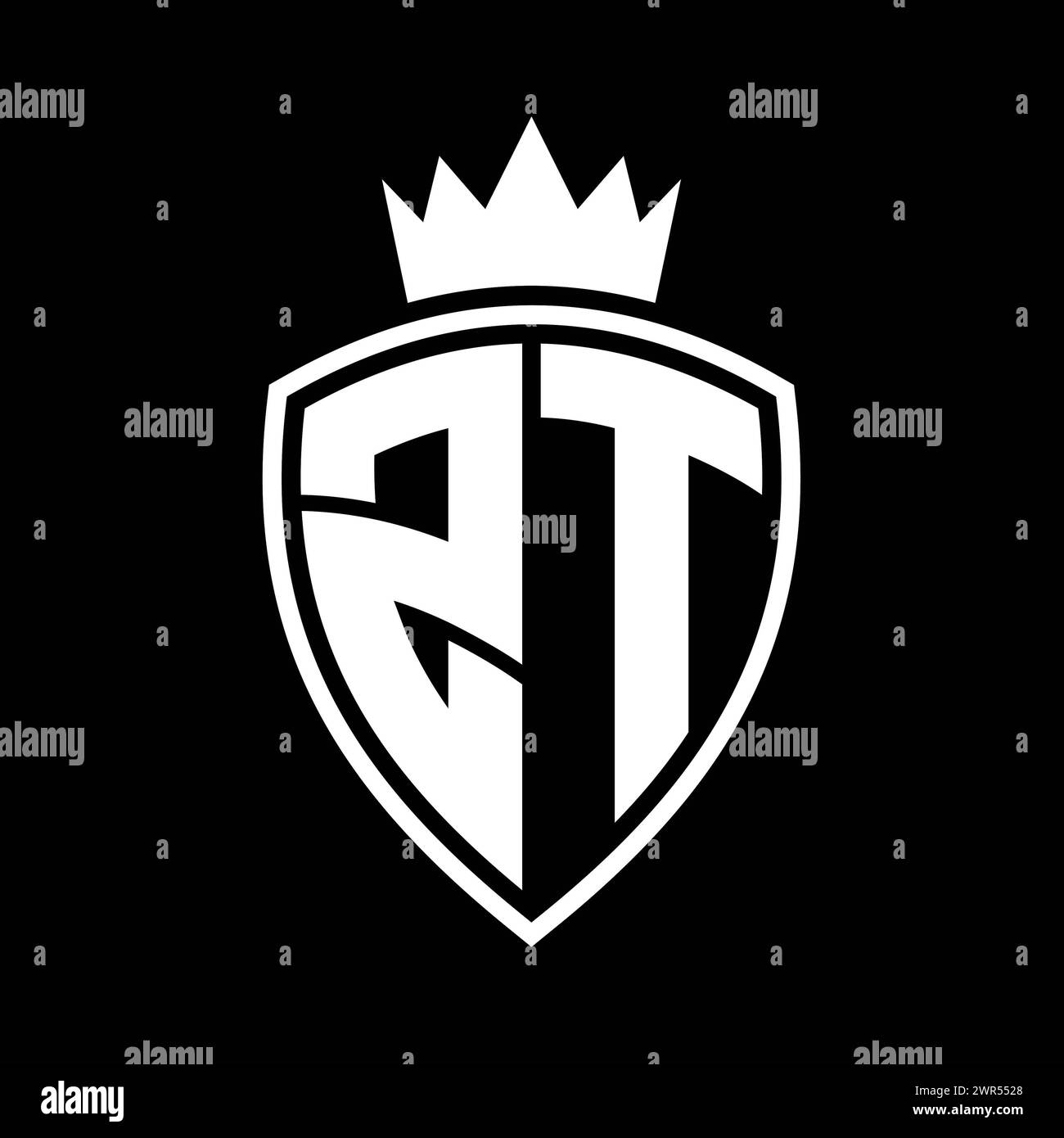 ZT Letter bold monogram with shield and crown outline shape with black and white color design ...