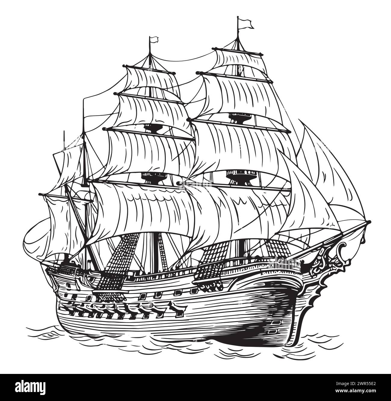 Pirate ship sailboat retro sketch hand drawn engraving style Vector ...