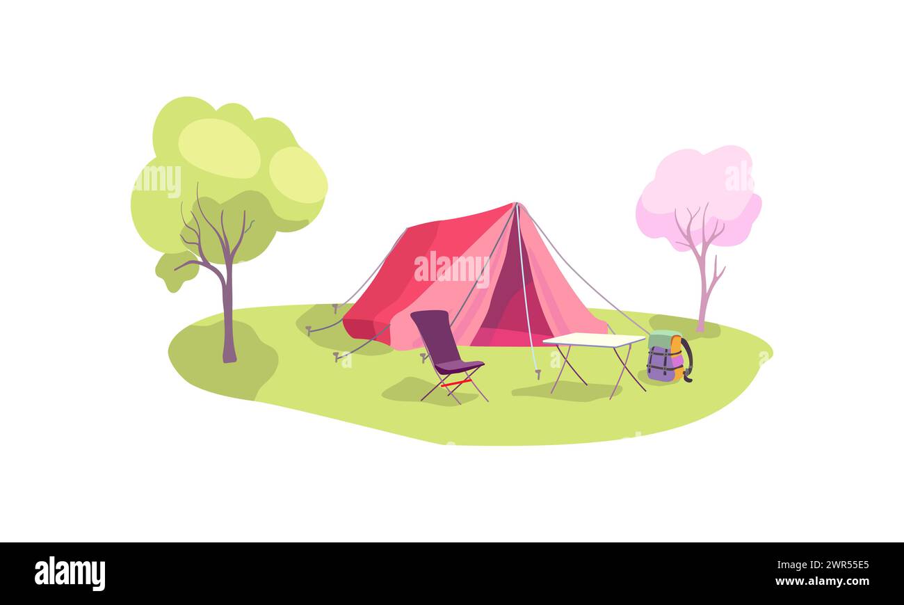 Forest tourist camp with tent, folding table and chair. Camping chair ...