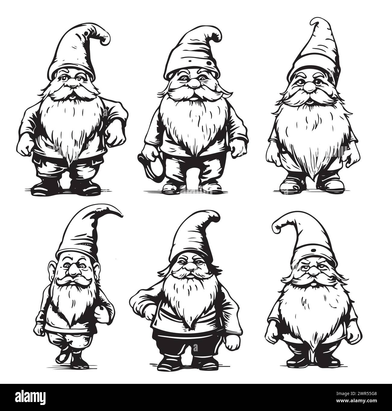Gnome sketch. Cute garden gnomes scandinavian wizards, bearded gardener ...