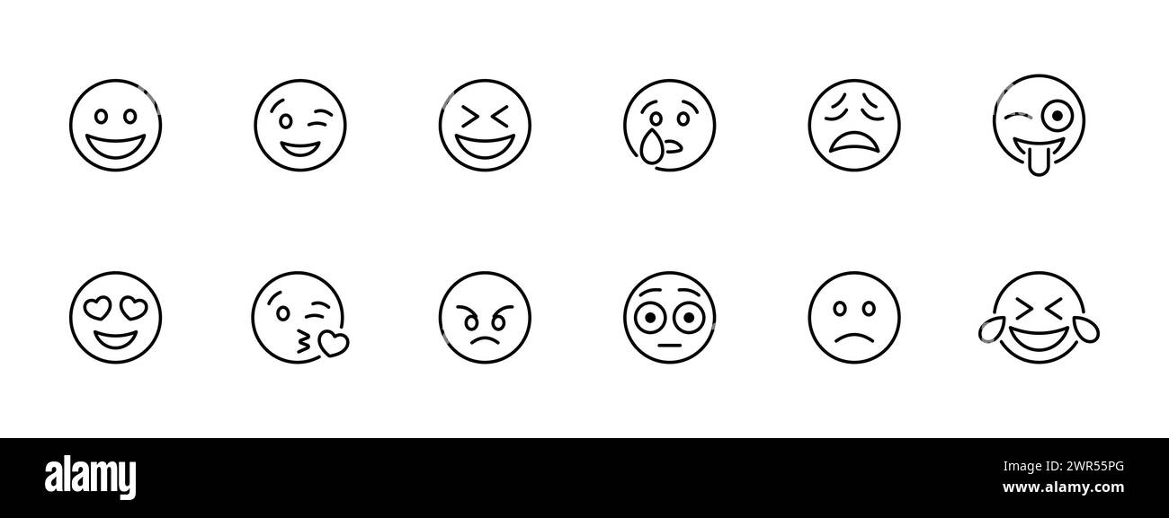 Emoji set icon. Smiling, winking, laughing, crying, sad, mad, in love ...