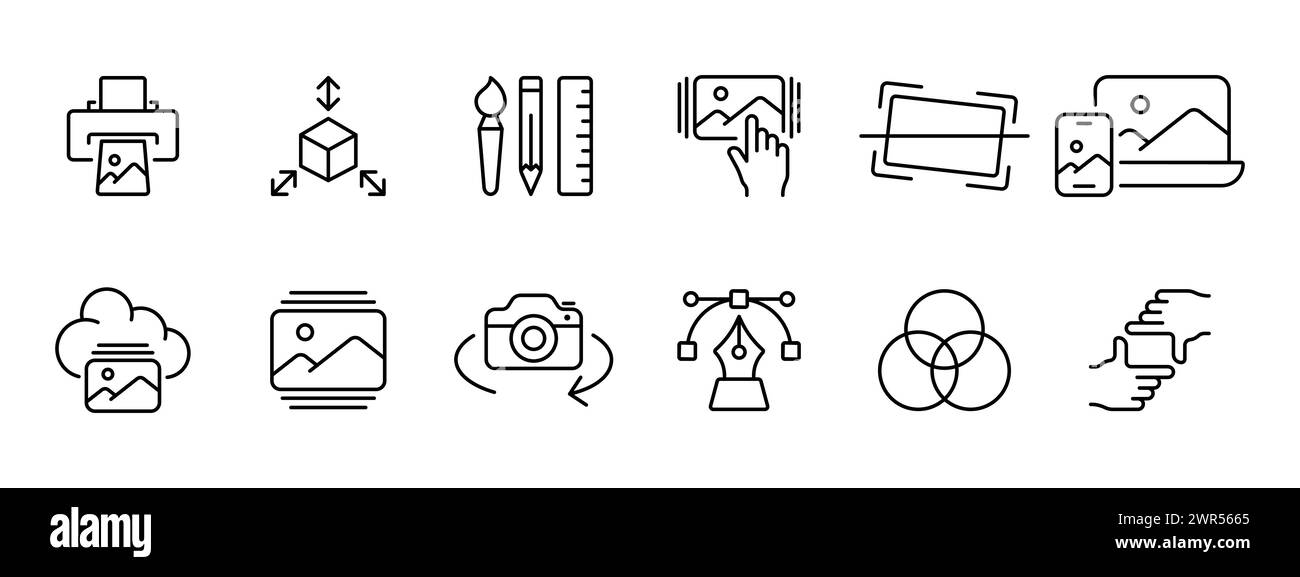 Photos set icon. Printer, brush, pencil, ruler, photo selection, pen ...