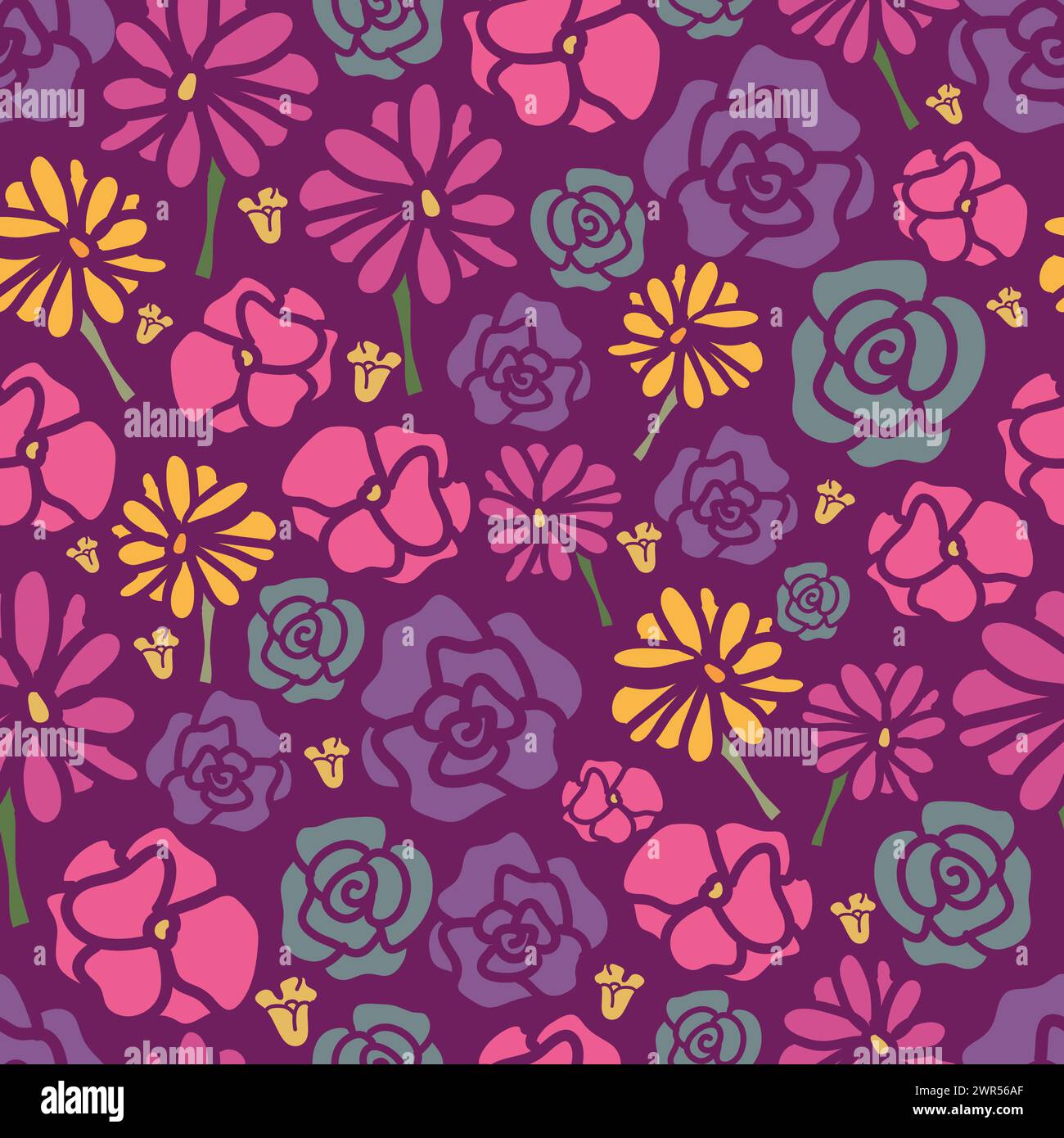 vector hand drawn colorful flowers seamless pattern perfect for ...