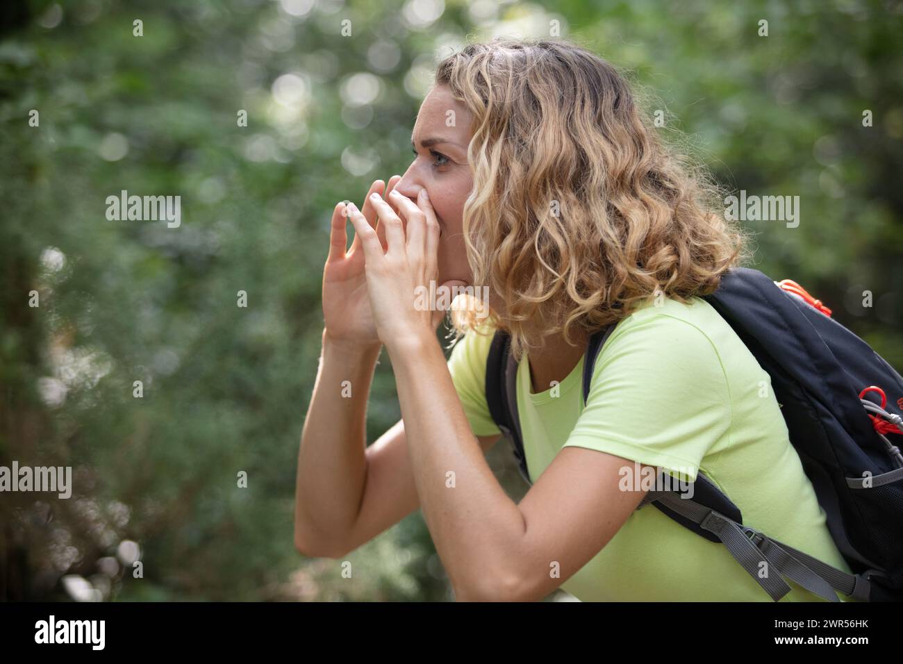 female walker shouting into the distance Stock Photo - Alamy