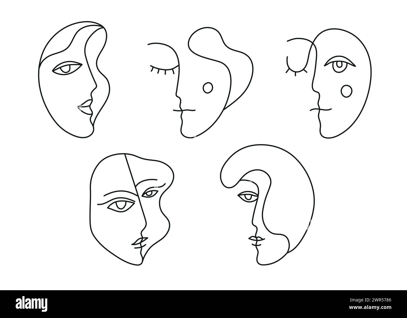 Vector set of woman and man monoline faces, cubism art faces, line ...