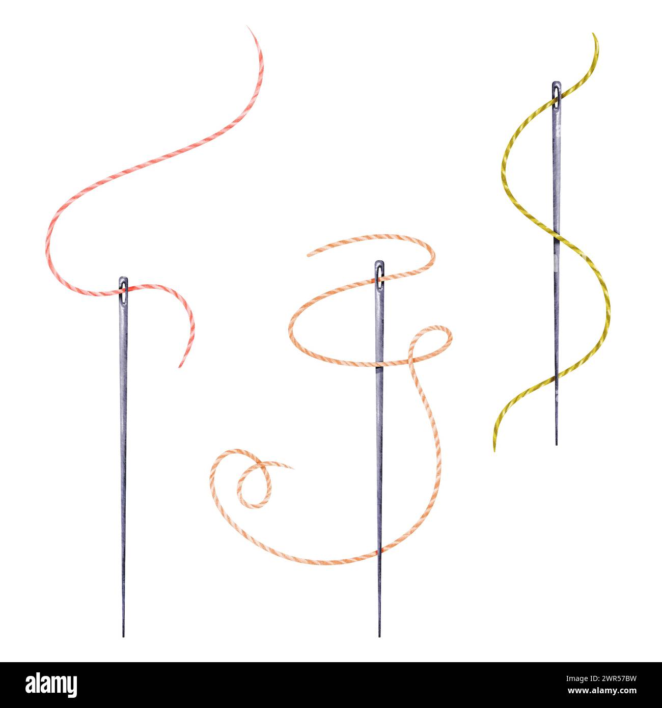 A collection of steel needles paired with threads in orange, pink and ...