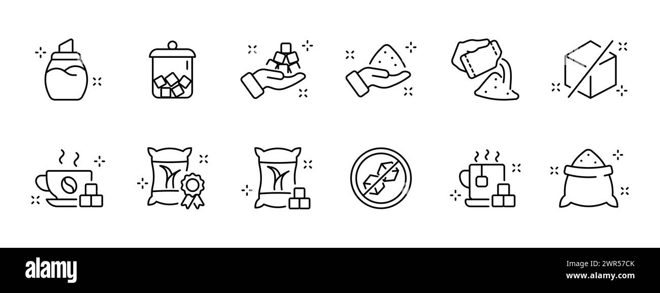 Sweat set icon. Sugar, drink, mug, cup, cubes, leaves, sucrose, vanilla ...