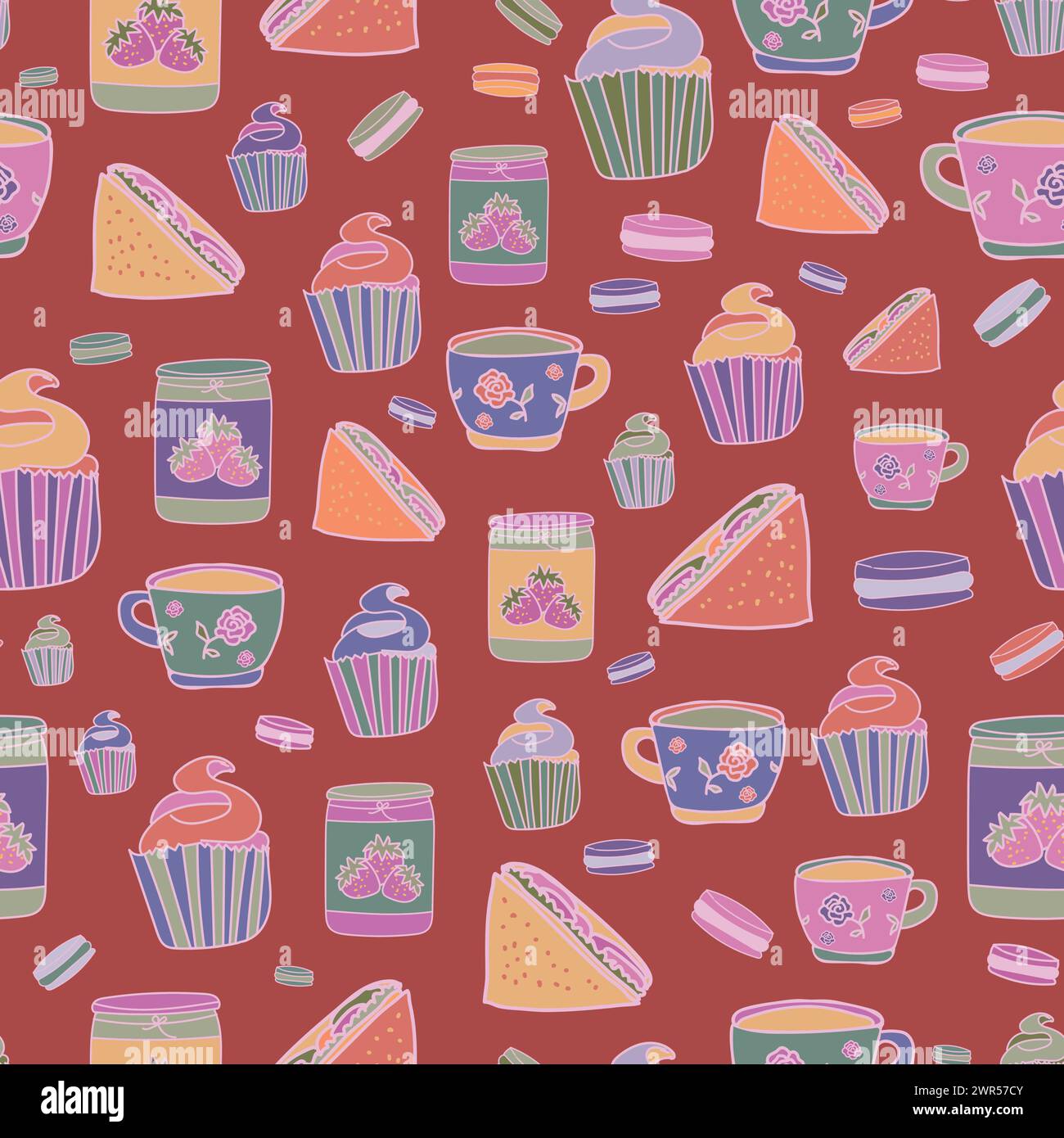 vector hand drawn garden tea party elements seamless pattern perfect ...