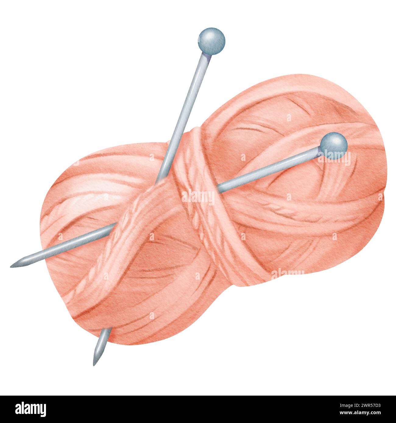 An isolated watercolor illustration featuring a pink yarn spool ...