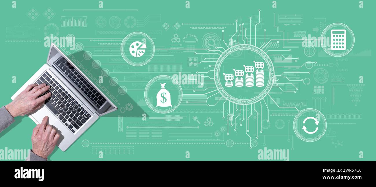 Top view of hands using laptop with symbol of inflation concept Stock ...