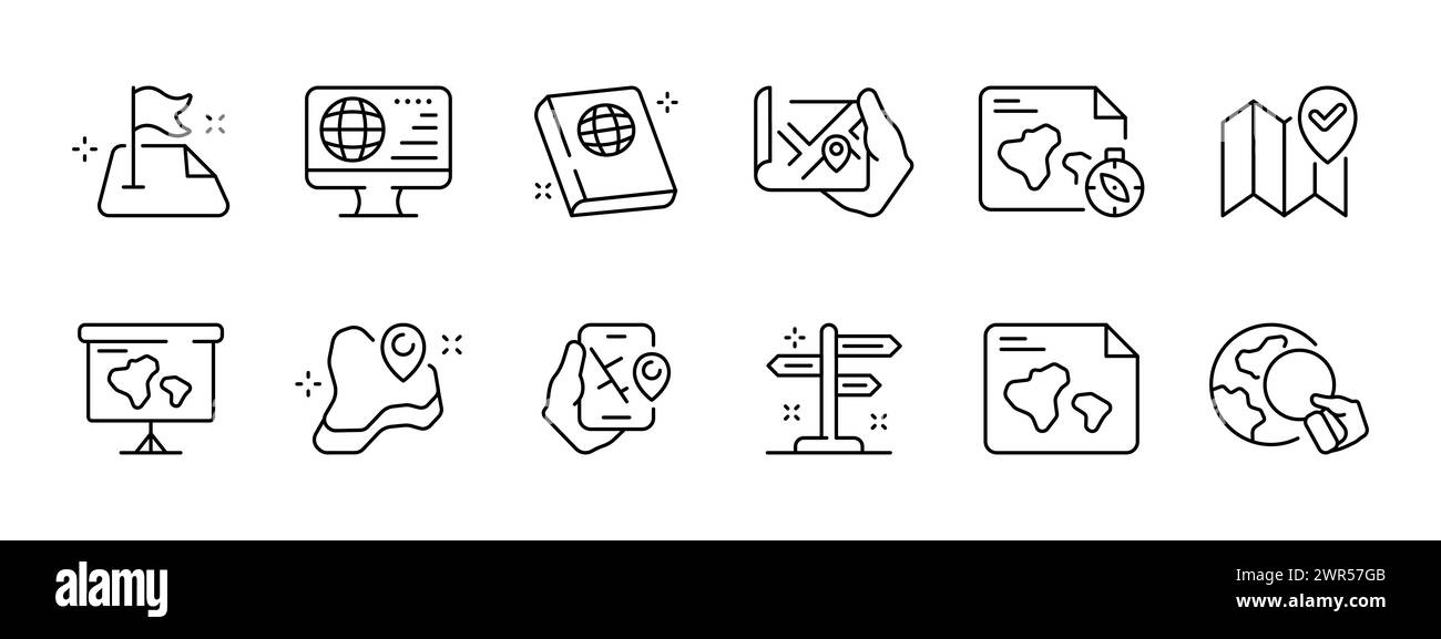 Navigation set icon. Flag, globe, monitor, book, map, compass ...