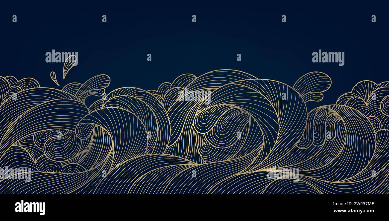 Vector golden ocean waves pattern. Japanese style background, abstract ...