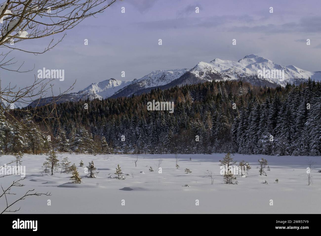 snowy landscape in the alps. Mountains covered with snow in winter. A ...