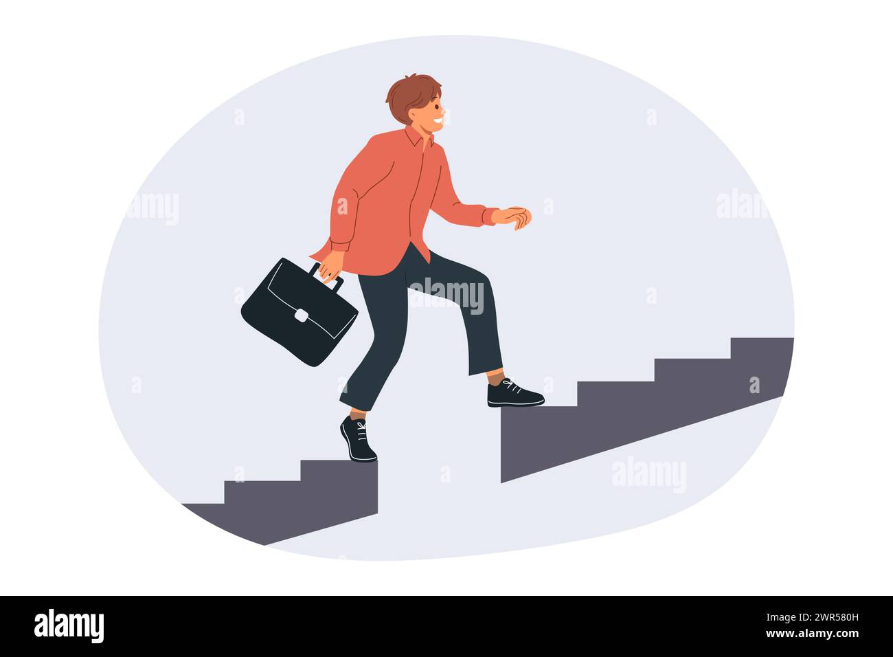 Business man grows professionally by climbing up stairs and overcoming ...