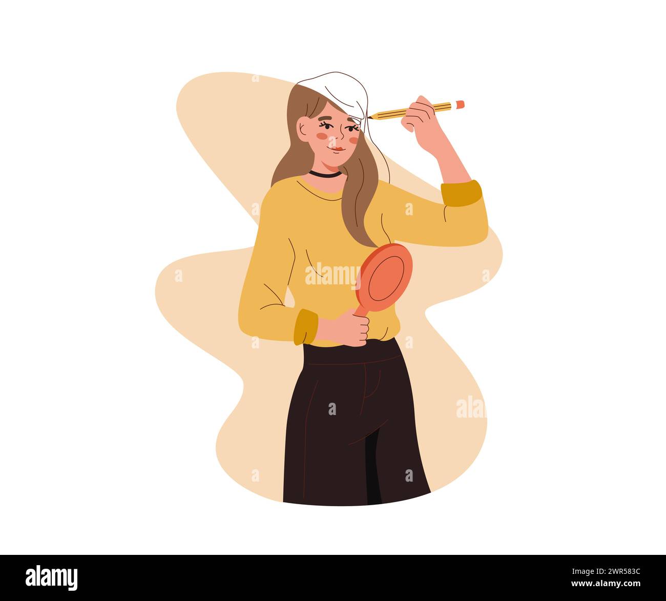 Woman draws own image with pencil and holds mirror as metaphor for ...