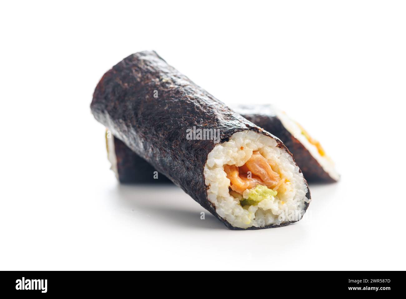A detailed view of sushi rolls, showcasing the various colorful ...