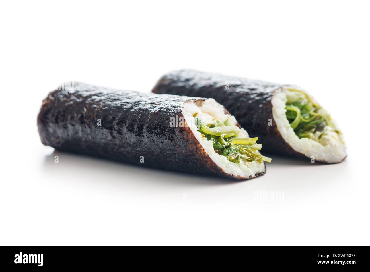 A detailed view of sushi rolls, showcasing the various colorful ...