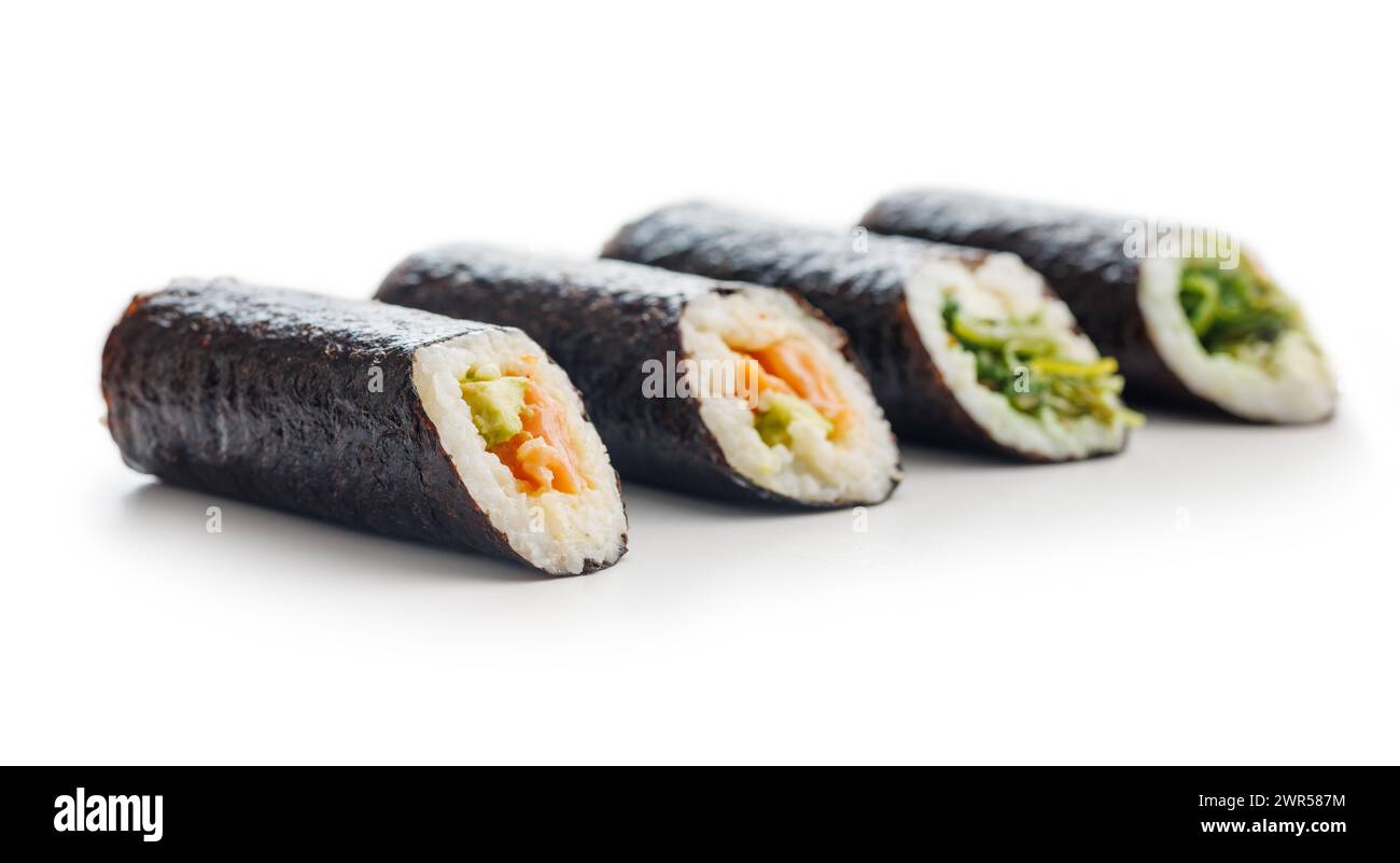 A detailed view of sushi rolls, showcasing the various colorful ...