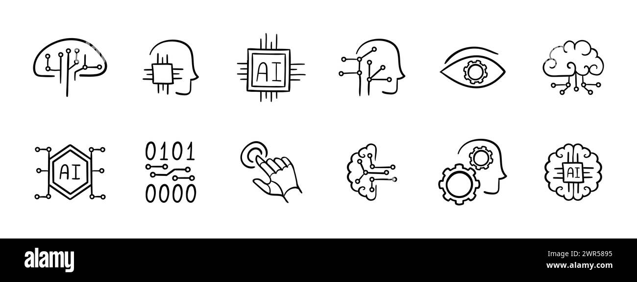 Artificial intelligence set icon. Neurons, implants, AI, human, implantable brain computer ...