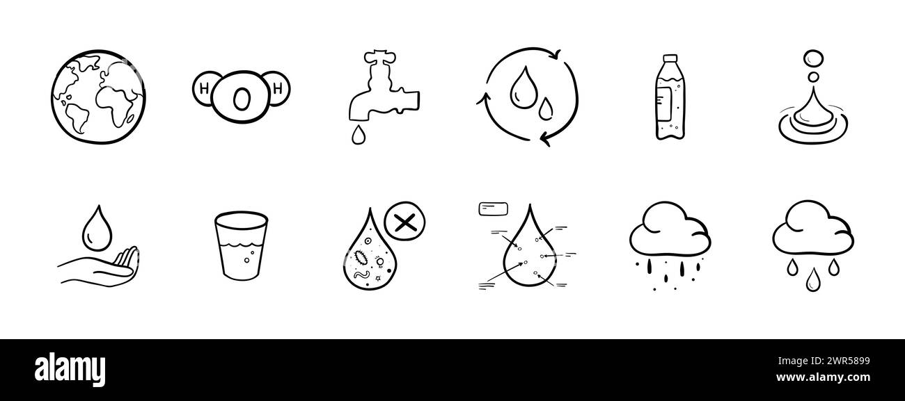 Water set icon. Earth, H2O, tap, water cycle in nature, bottle ...