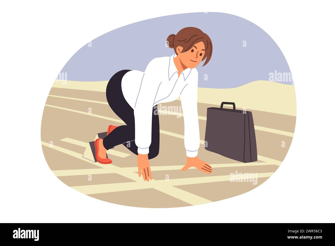 Ambitious business woman is ready for quick start, stands in pose of ...