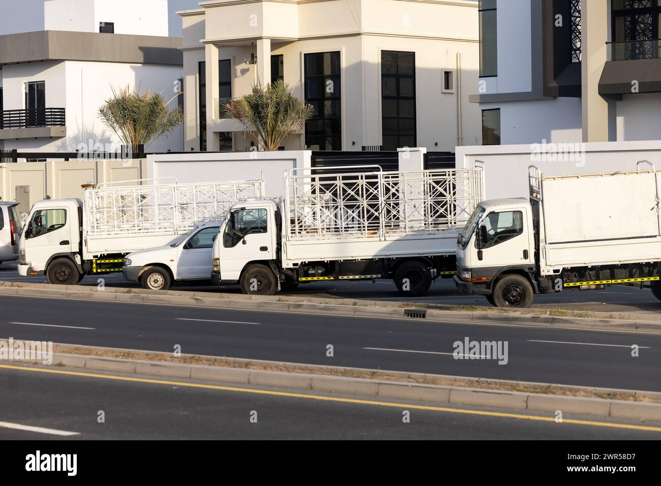 Commercial motor transport in the United Arab Emirates. Sunset light ...