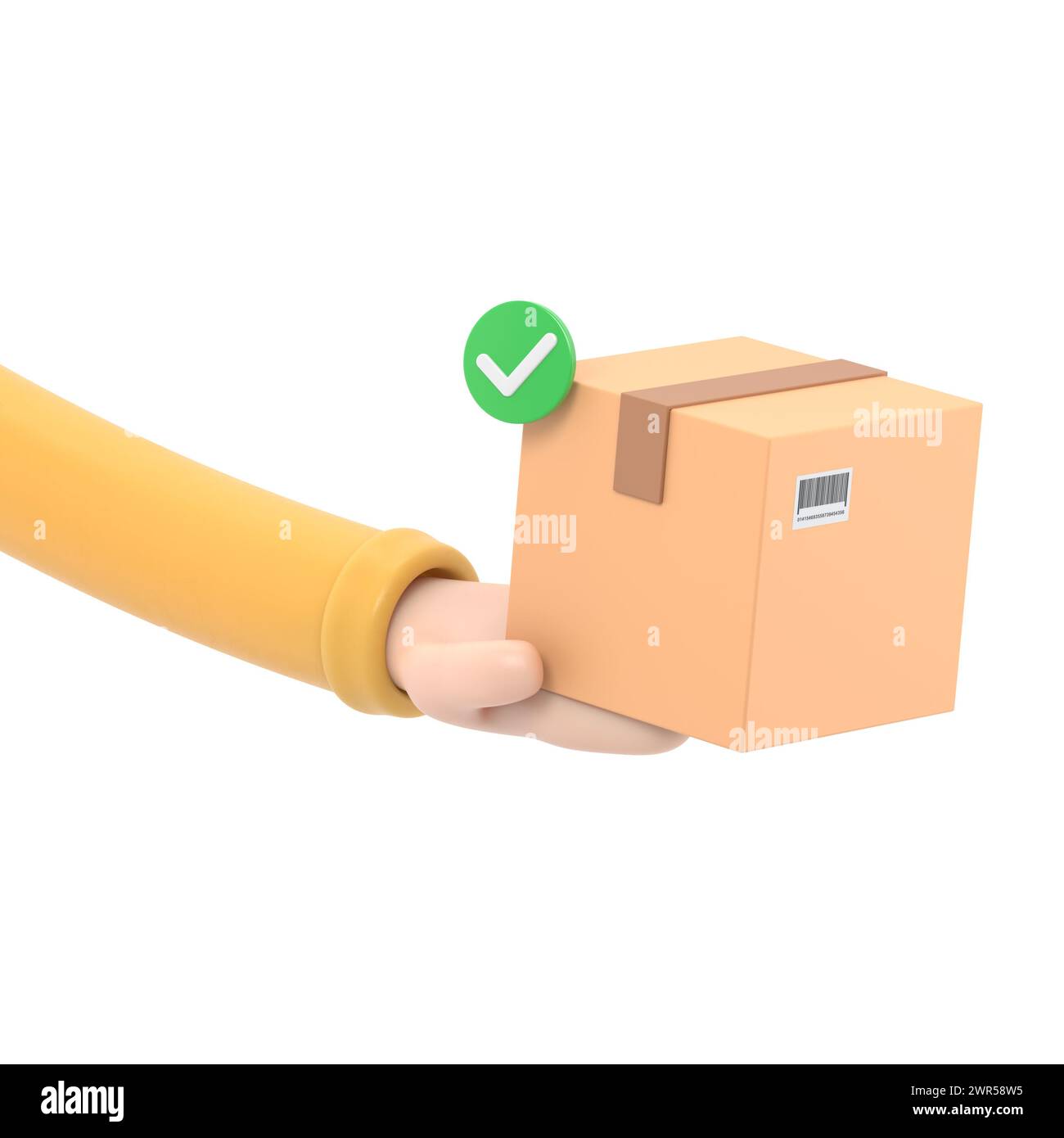 3D Hand holding parcel with check mark. Delivery of order in cardboard ...