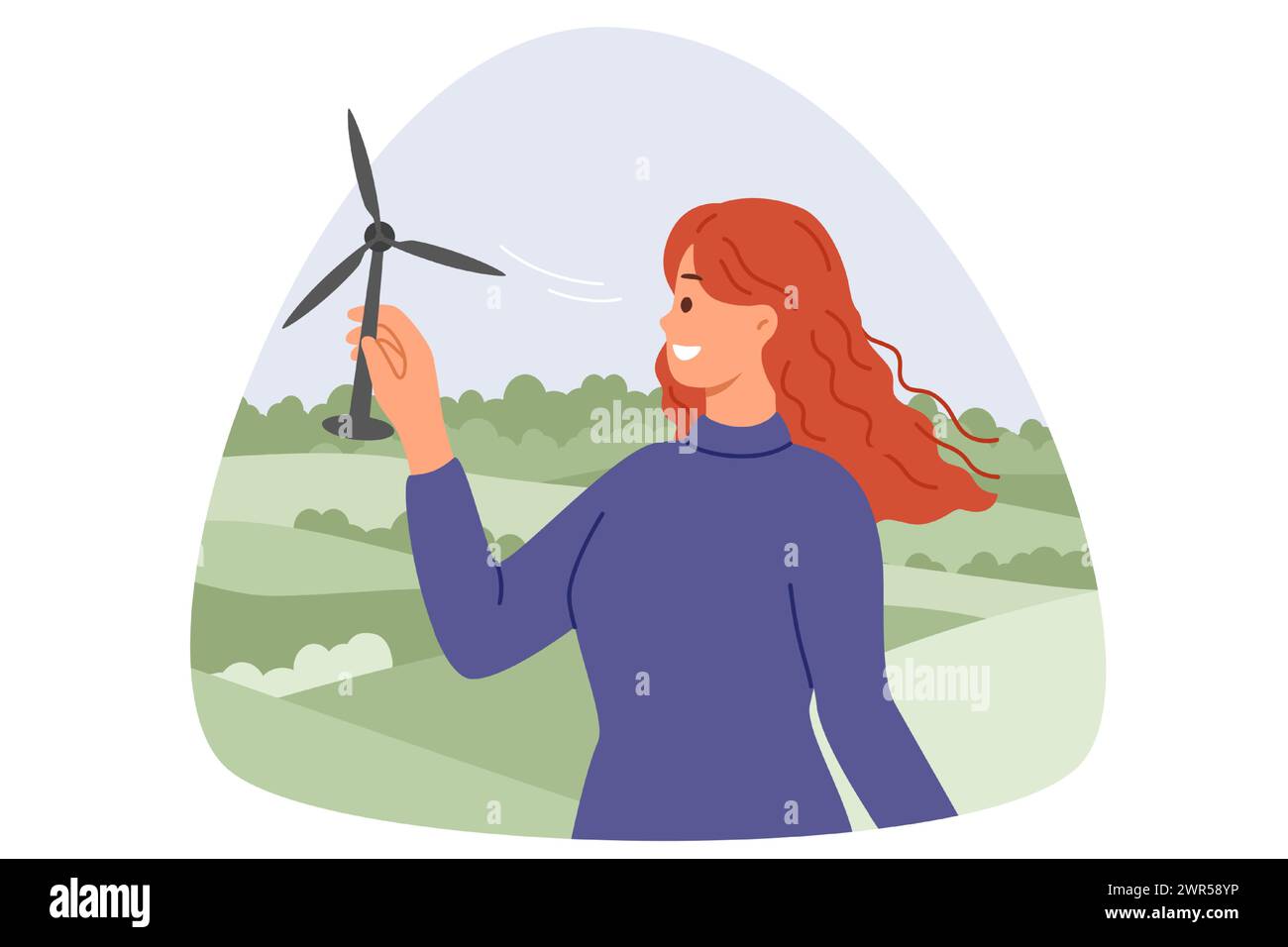 Wind turbine in hands of woman with smile standing in nature, and ...