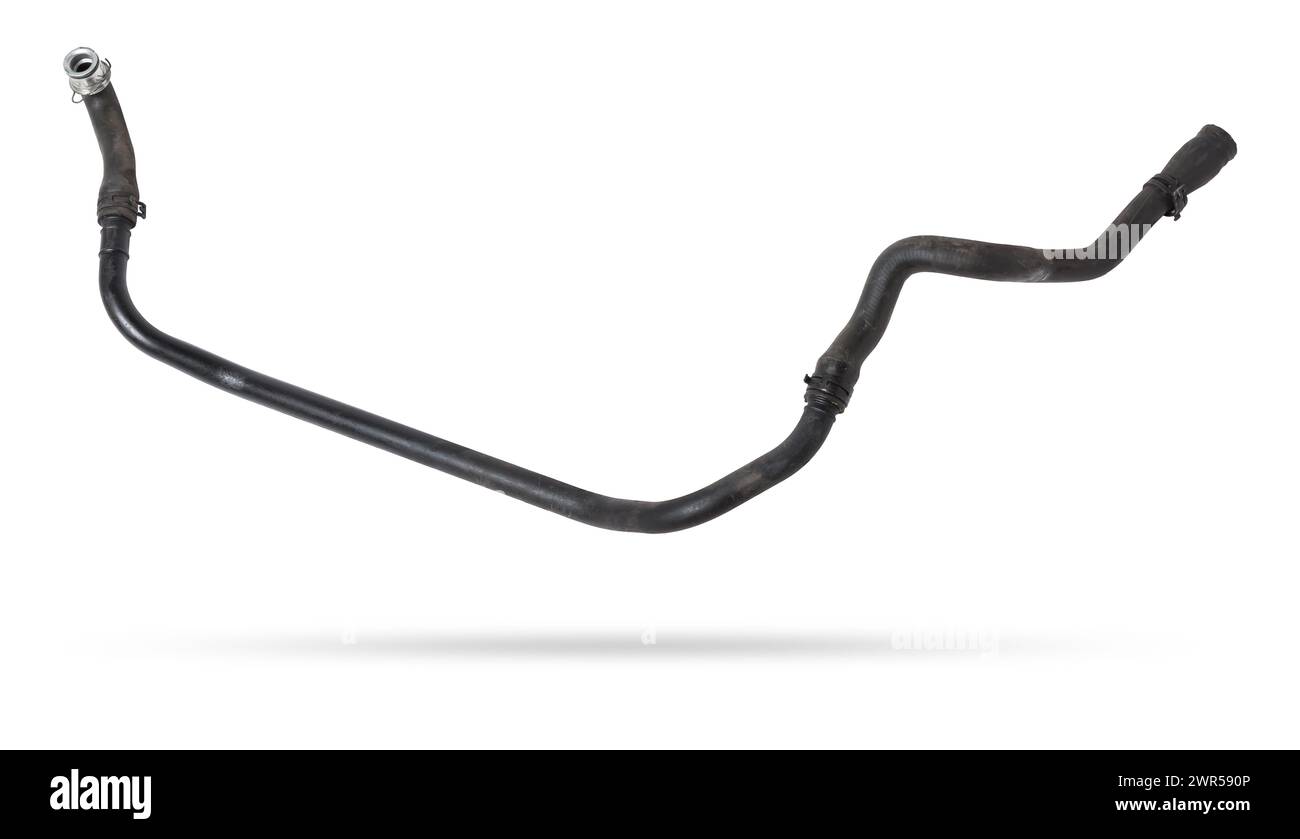 Black rubber hose of the car engine cooling system on a white isolated ...