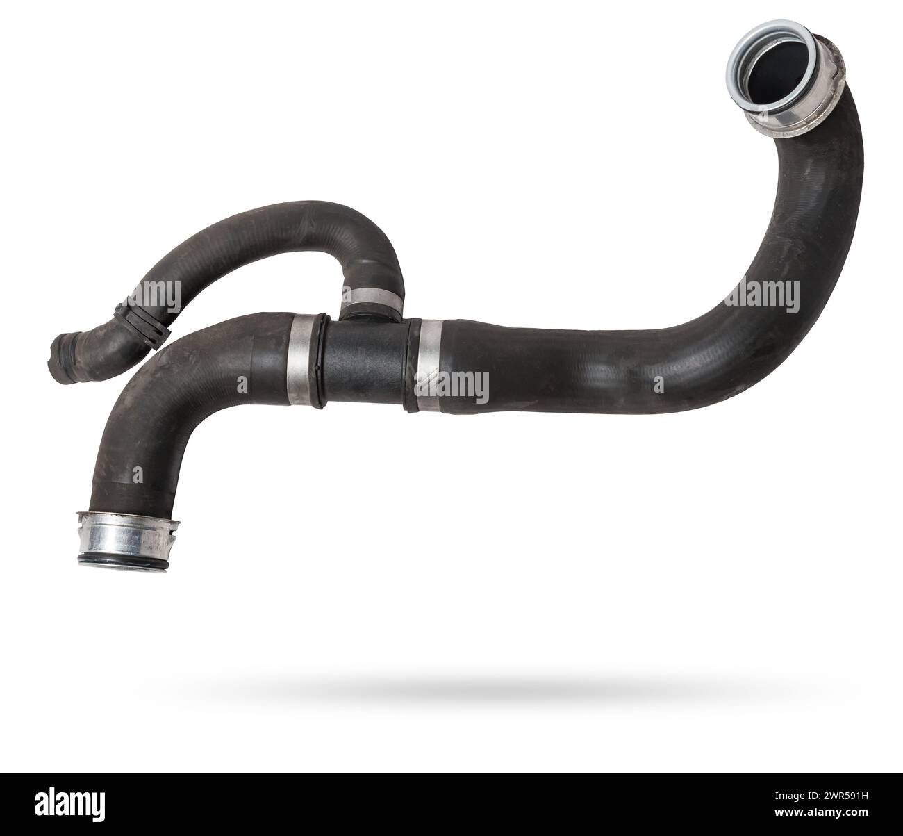 Black rubber hose of the car engine cooling system on a white isolated ...