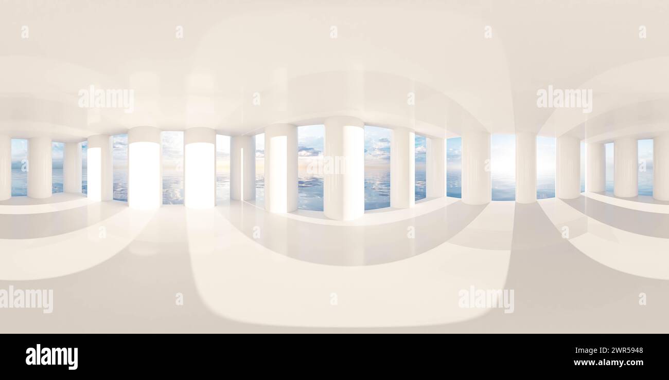 Modern panoramic corridor with ocean views at sunset 360 panorama vr ...