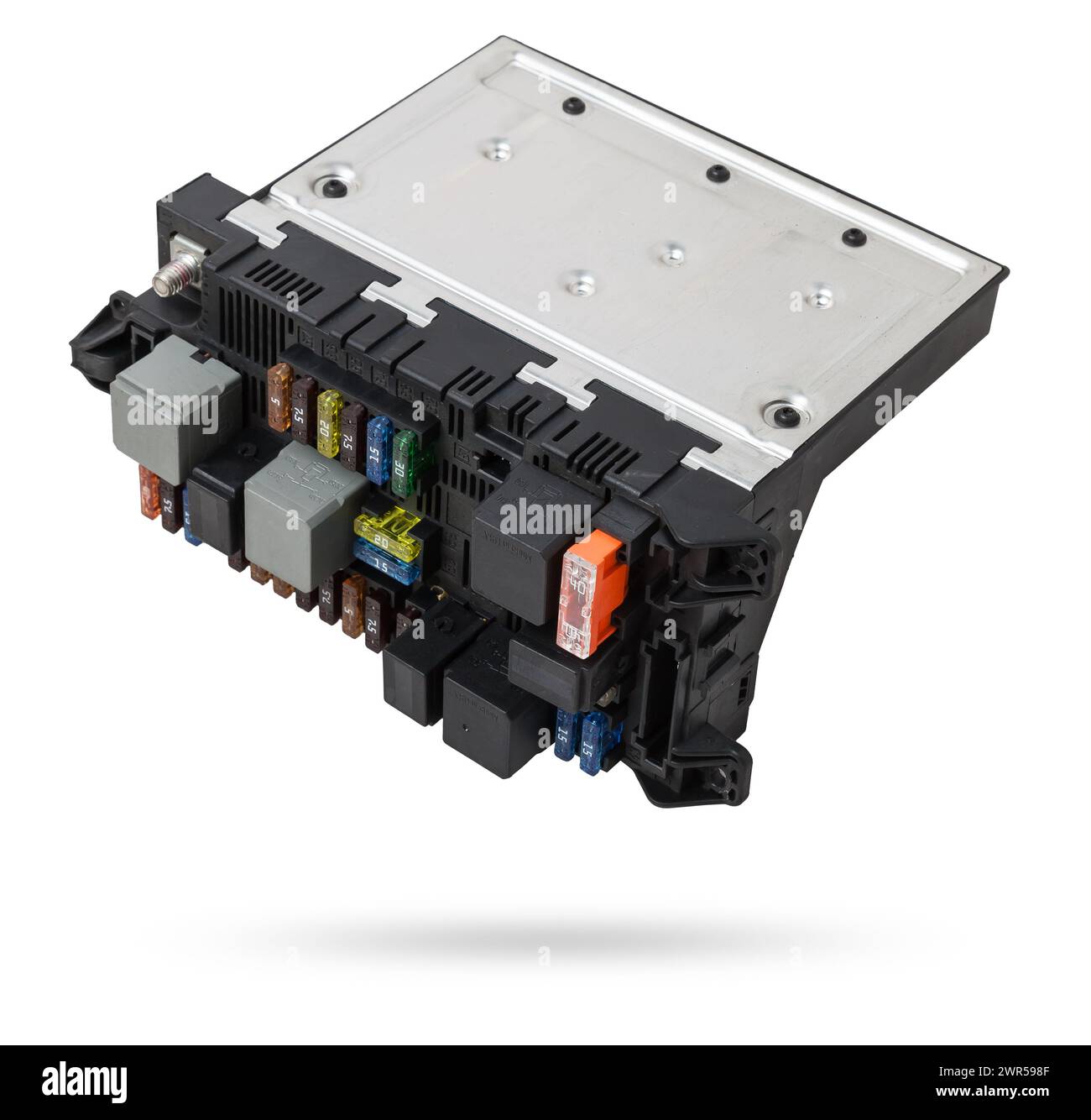 Metallic car engine control unit with plastic elements soaring on a ...