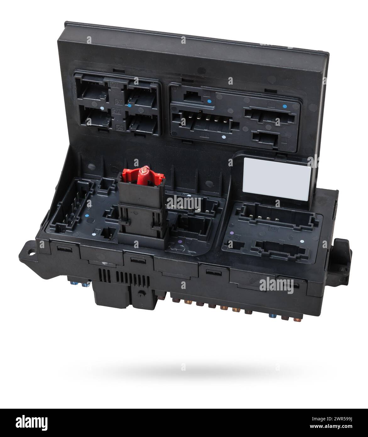 Metallic car engine control unit with plastic elements soaring on a ...