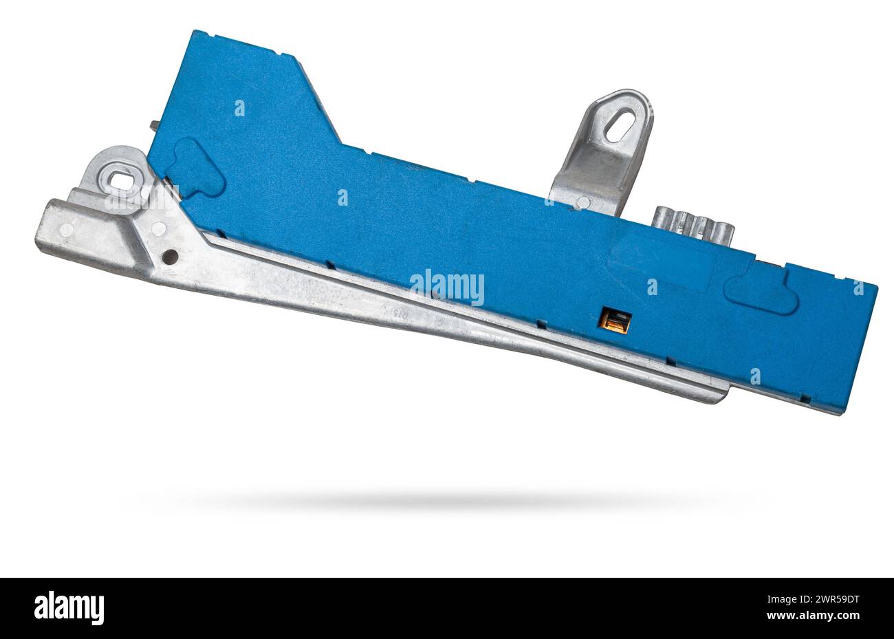 Plastic car engine control unit with metal elements on a white isolated ...