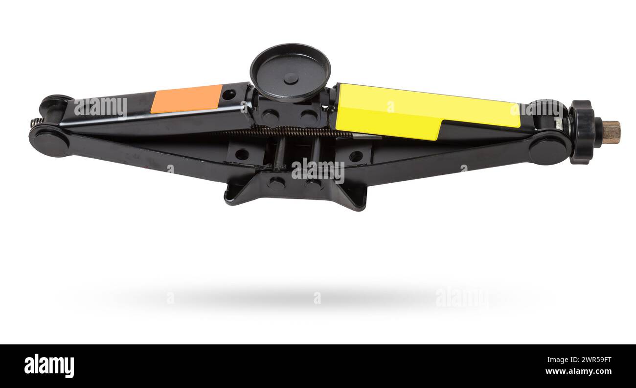 Black metal jack on white background in a car service. A lifting device ...