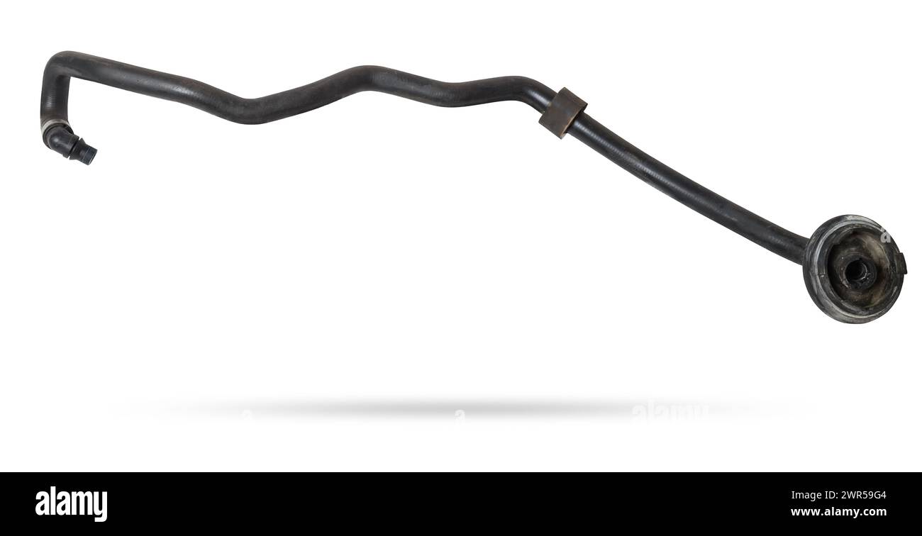 Black rubber hose of the car engine cooling system on a white isolated ...