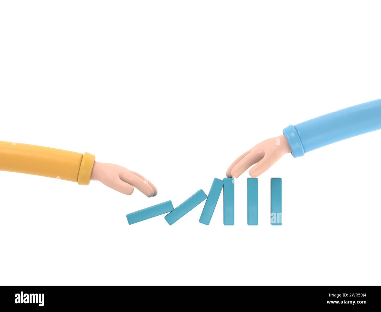 Domino effect concept. One man pushes the dominoes and second stops ...