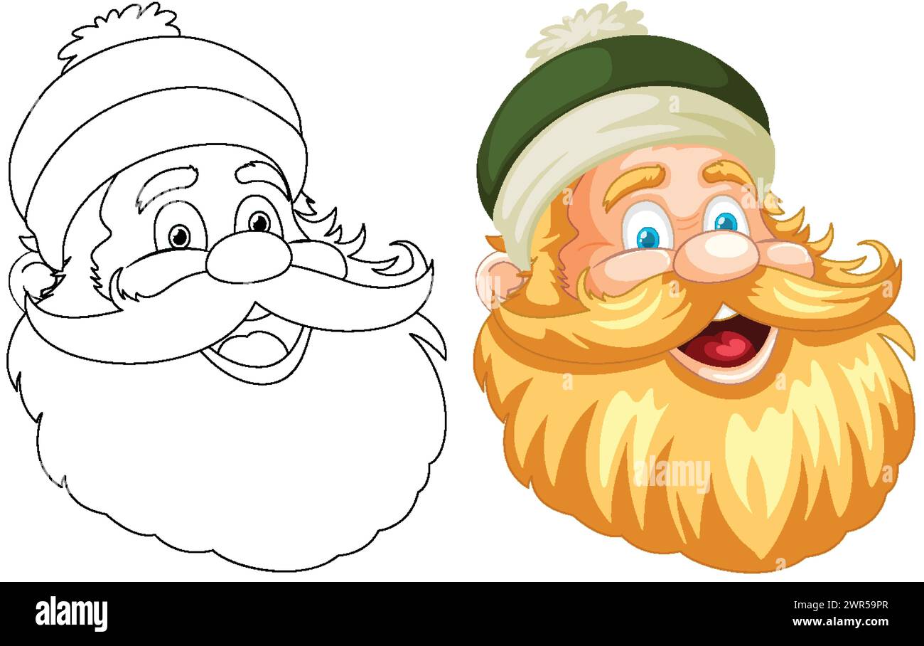 Black and white and colored Santa illustrations side by side Stock ...