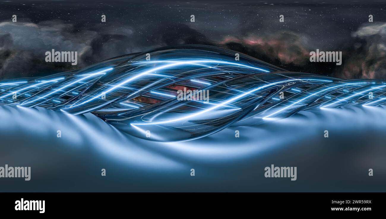 Futuristic blue neon grid building structure at night under a starry ...