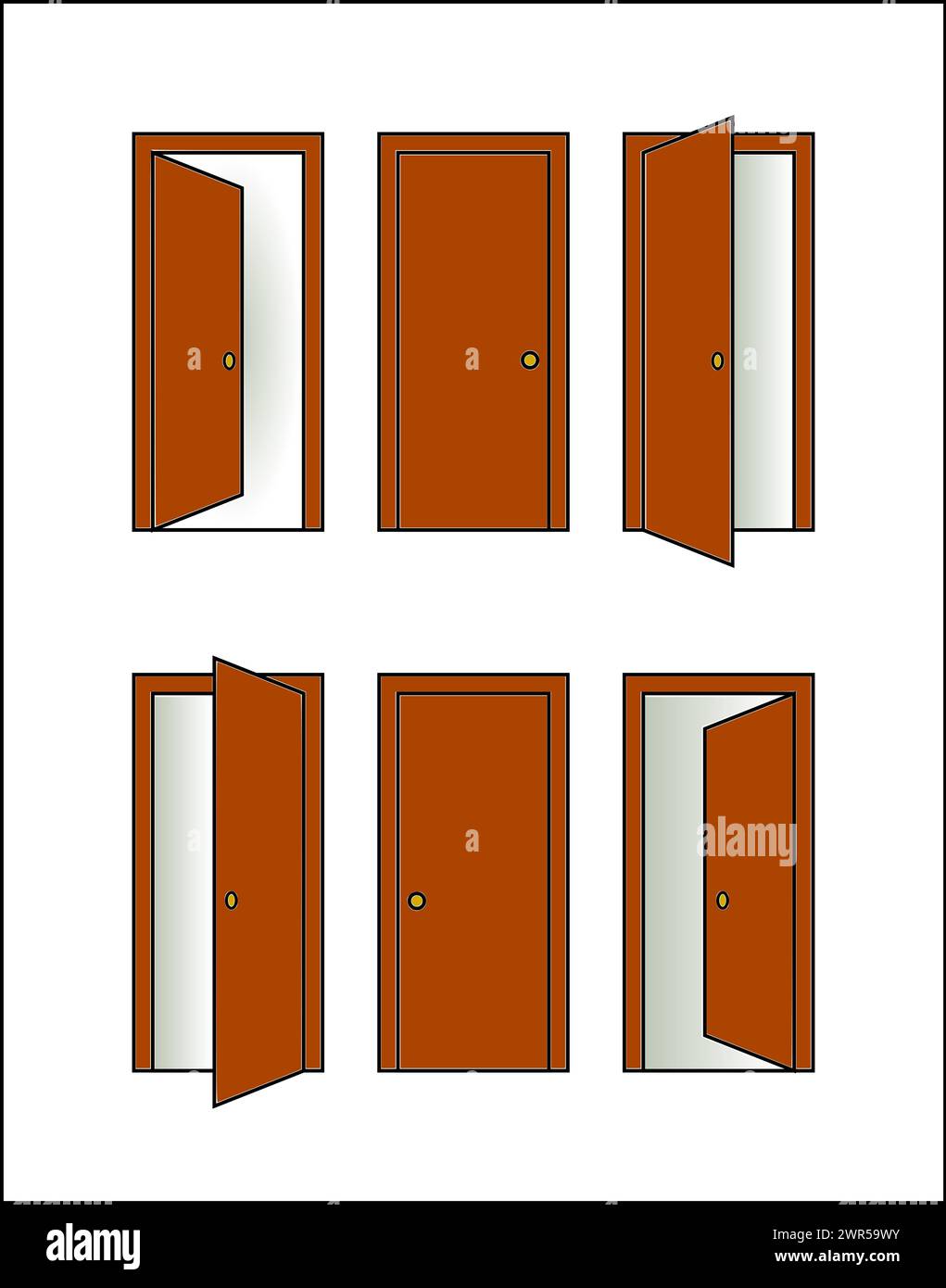 Six door symbols, open and closed, wooden door panels and door frames ...