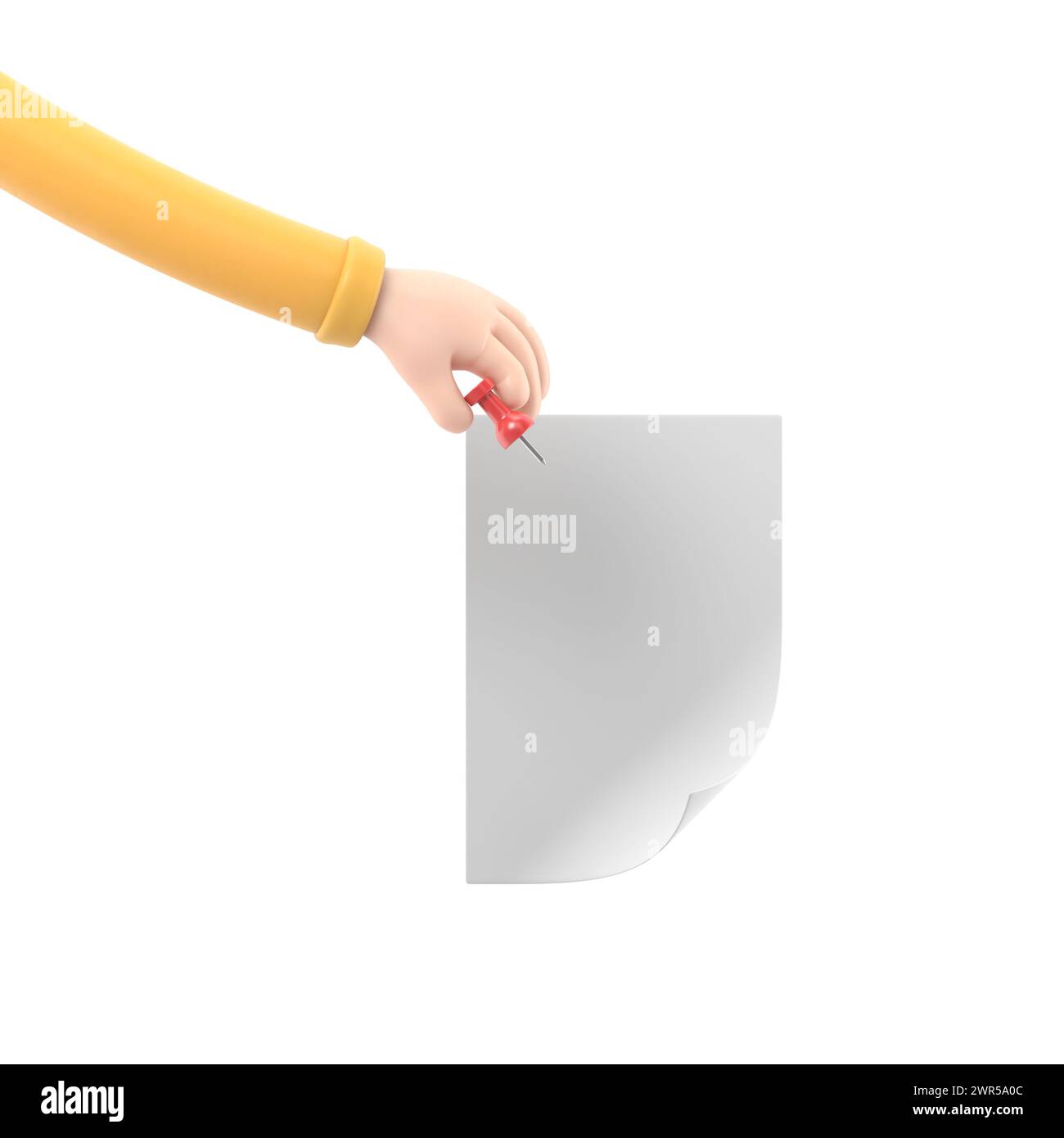 Paper push pins. Thumbtack in hand man. Empty white sheet. 3D ...