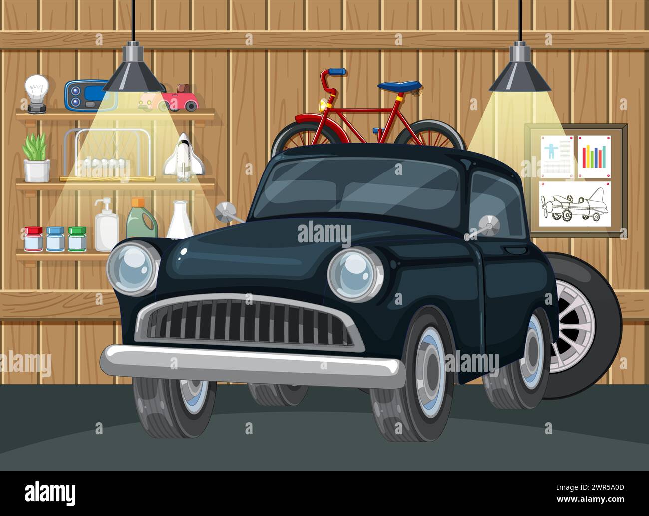 Classic car and bike stored in a wooden garage Stock Vector Image & Art - Alamy