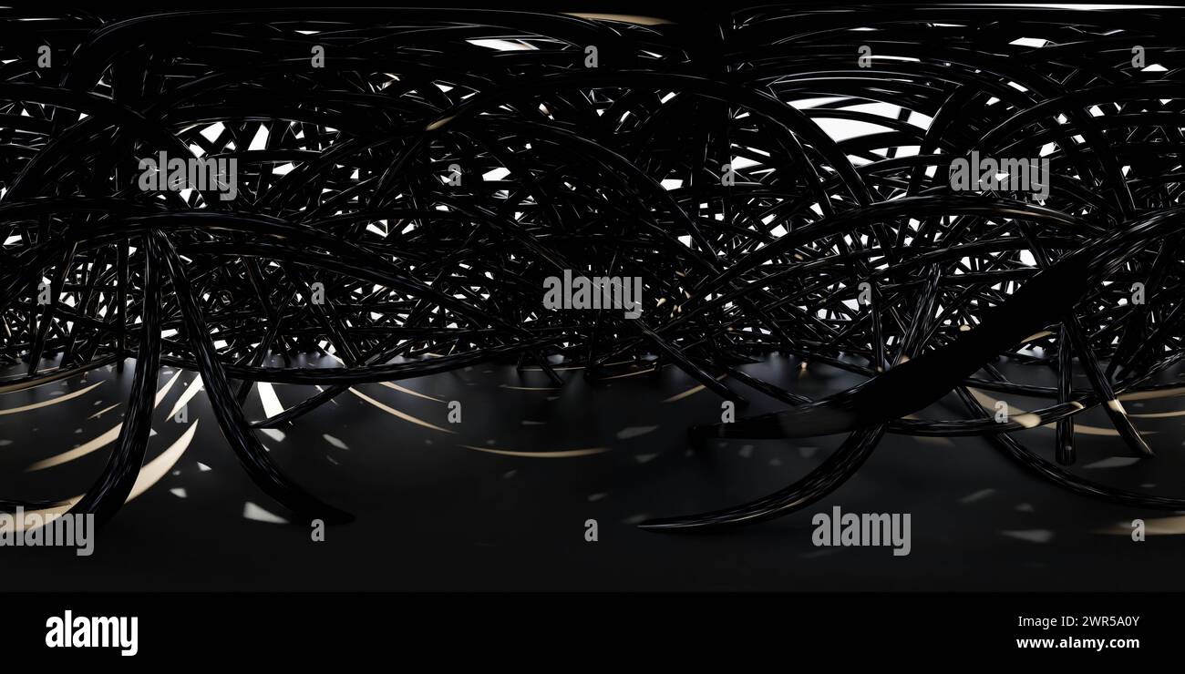 Abstract network of interconnected black strands in a dark setting 360 ...