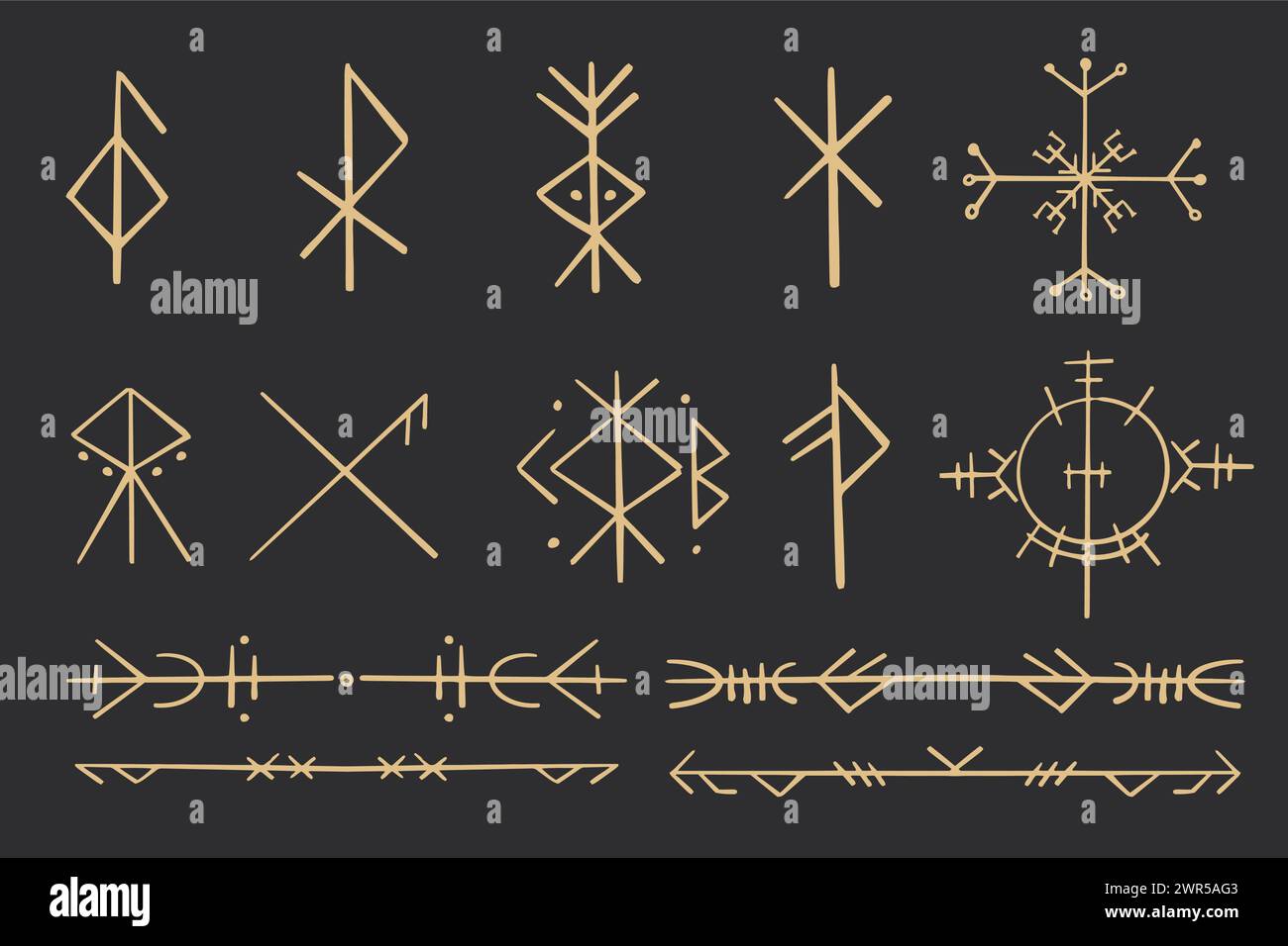 Set golden nordic celtic runes borders, norse protection symbols line ...
