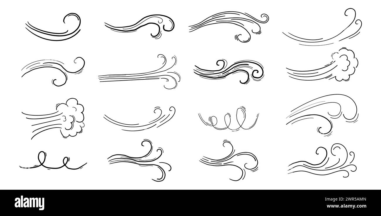 Wind motion doodle line swirl hand drawn steam weather blow isolated on white background ...