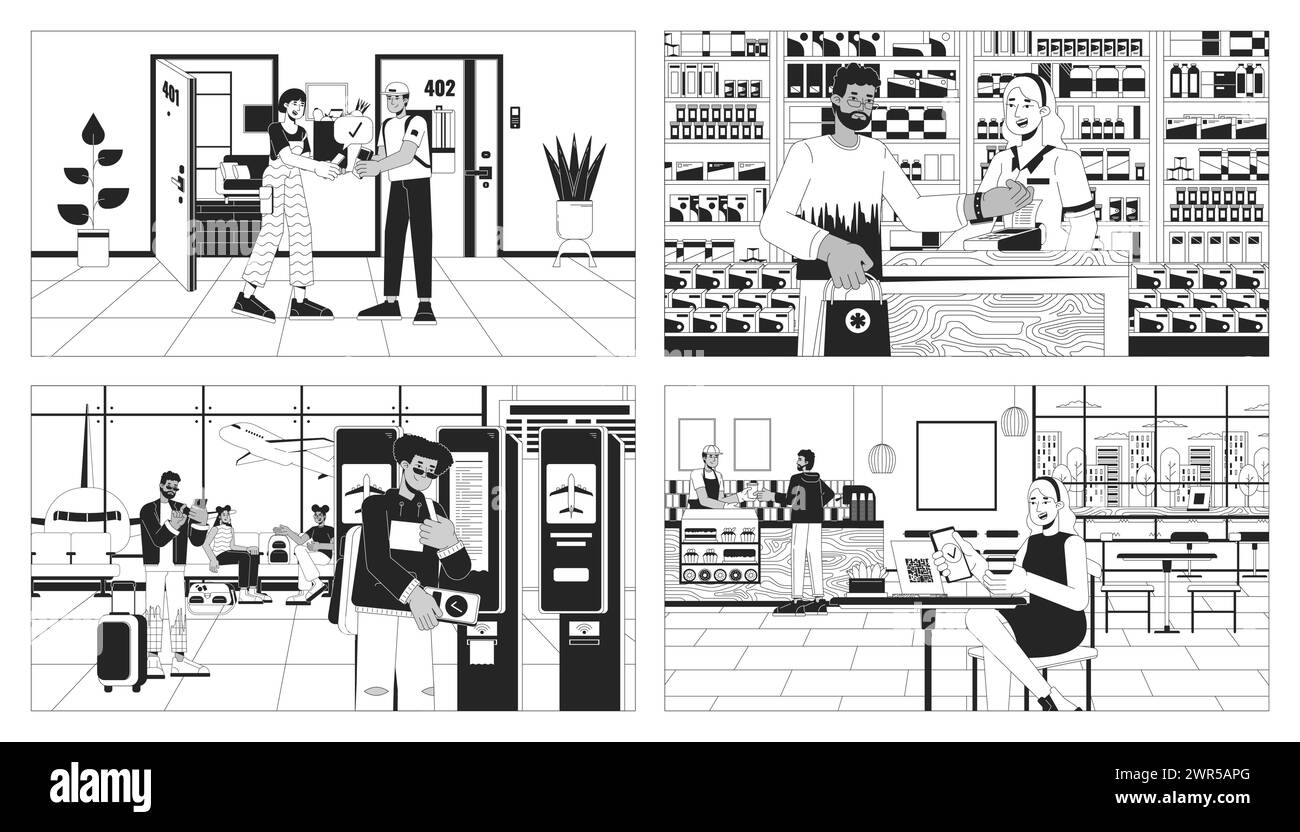 NFC mobile banking black and white line illustration set Stock Vector ...