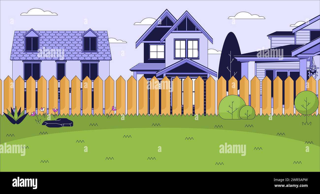 Cottage backyard with green lawn cartoon flat illustration Stock Vector ...