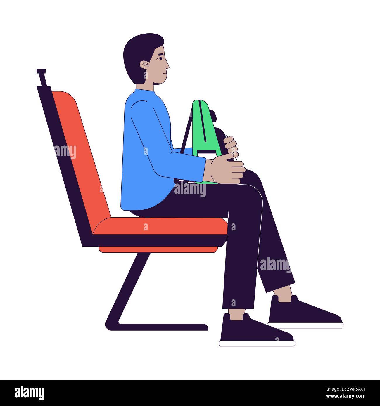 Indian male commuter in public transport seat 2D linear cartoon ...