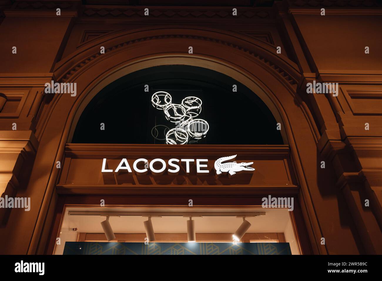 Facade and logotype of Lacoste brand retail shop singboard on the ...