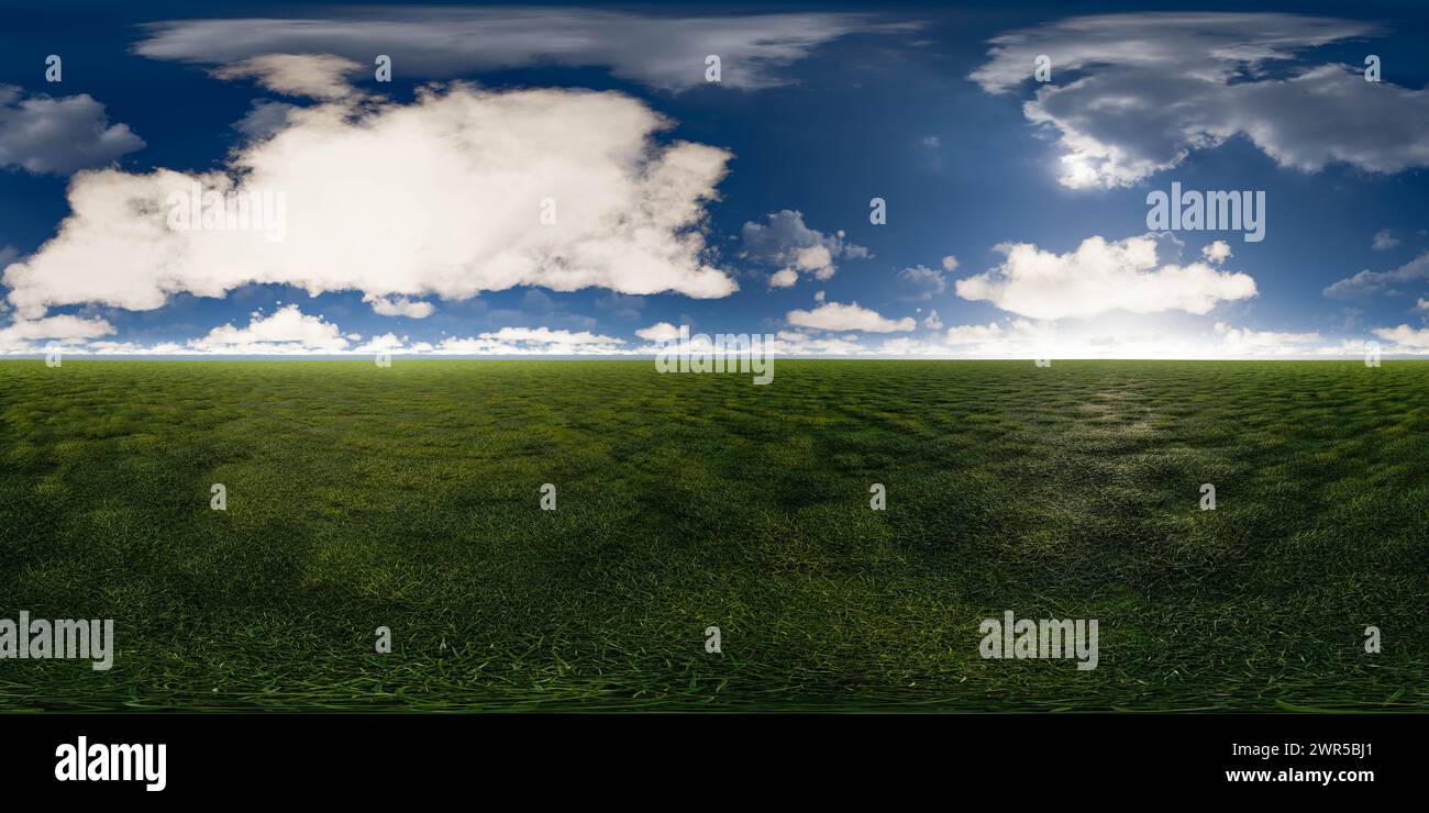 Green field with blue sky and white clouds 3d render illustration 360 ...
